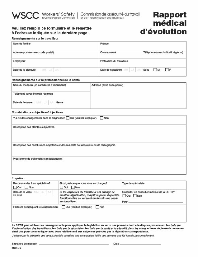 Rapport médical d'évolution | WSCC | Workers' Safety and Compensation Commission